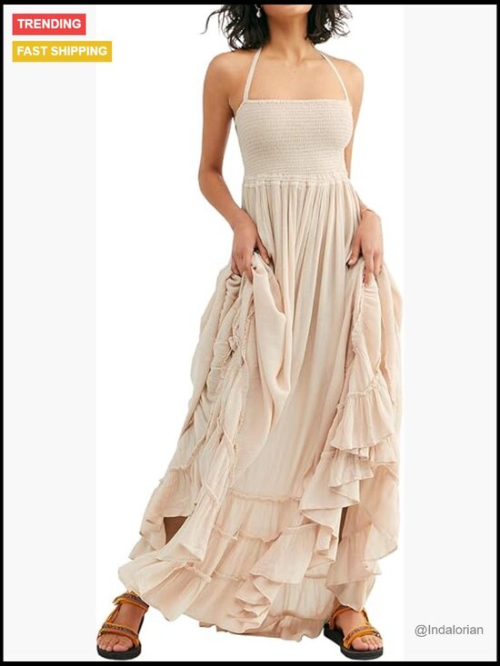 Dresses | Backless Halter Maxi Dress Smocked Ruffle Boho Beach Vacation ...